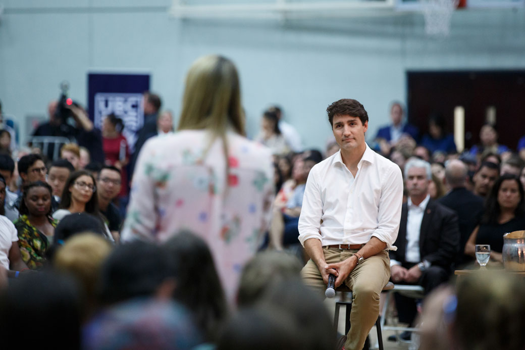 Prime Minister Justin Trudeau takes part in a town hall in Kelowna ...