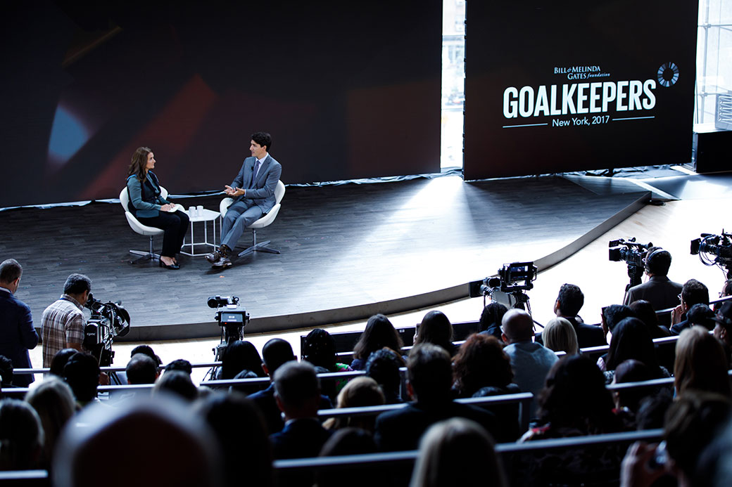 Prime Minister Justin Trudeau speaks with Melinda Gates during ...