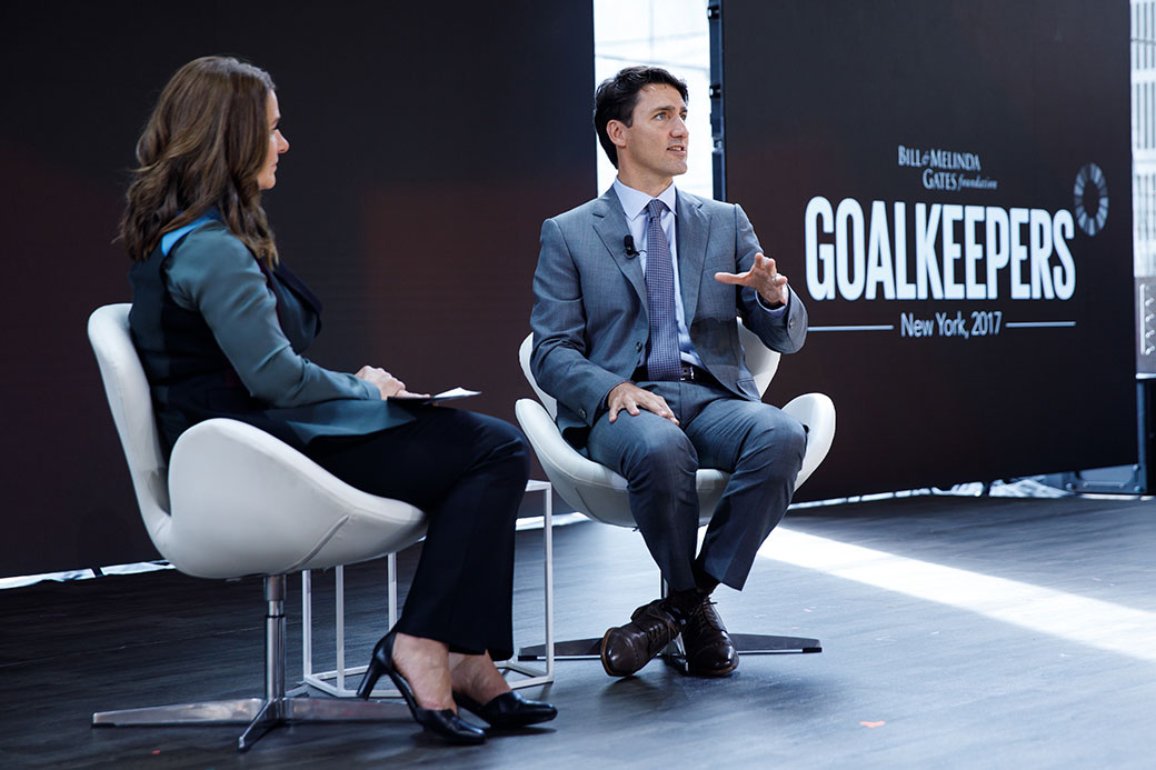 Prime Minister Justin Trudeau speaks with Melinda Gates during ...