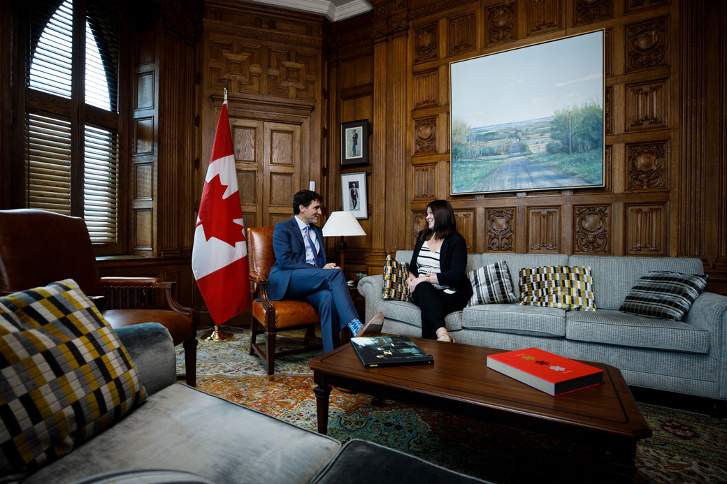 Prime Minister Justin Trudeau speaks with Breanne Lavallée-Heckert in ...