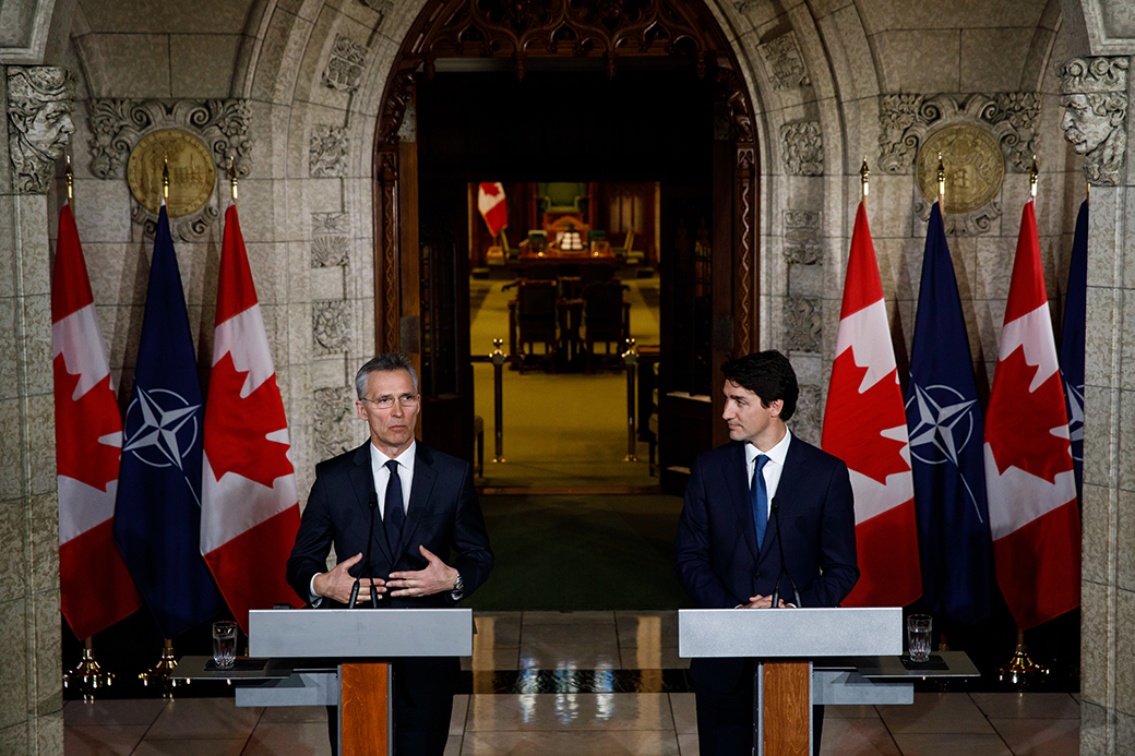 Prime Minister Justin Trudeau and NATO Sec. Gen. Jens Stoltenberg speak ...