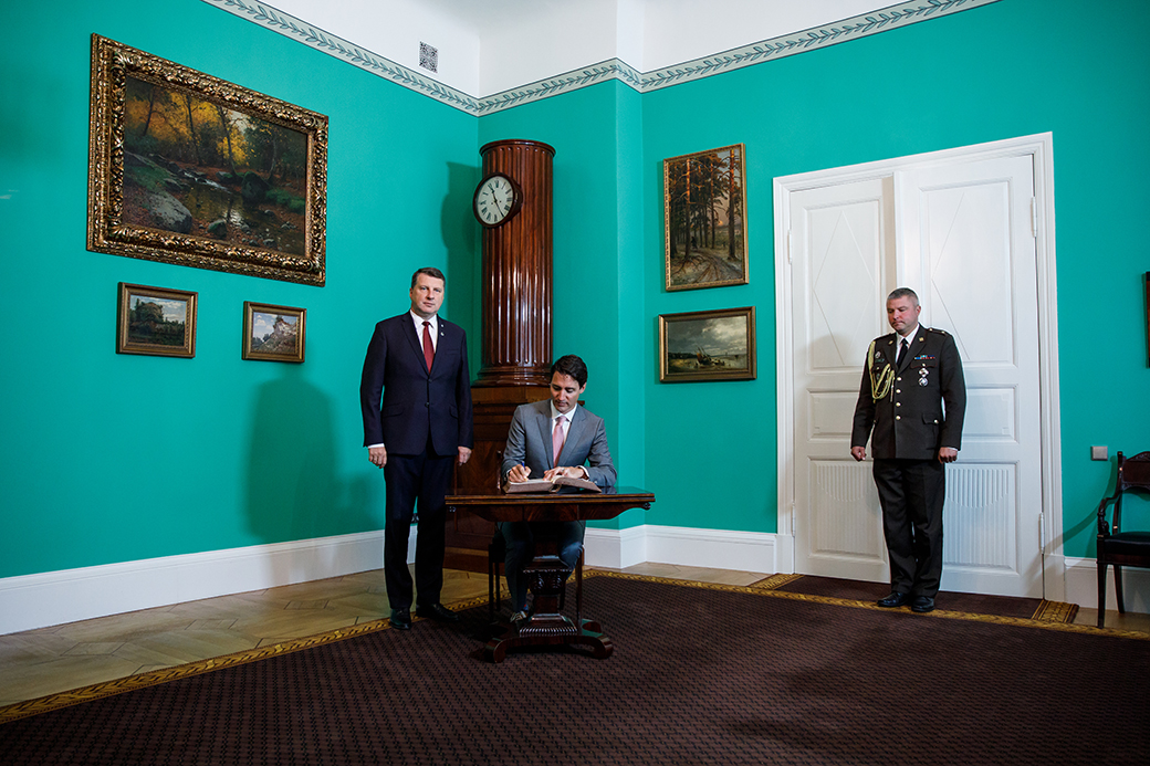 Prime Minister Justin Trudeau is welcomed to Riga Castle by President ...