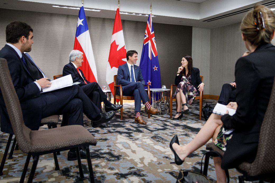 Prime Minister Justin Trudeau meets with the Prime Minister of New Zealand, Jacinda Ardern, and ...