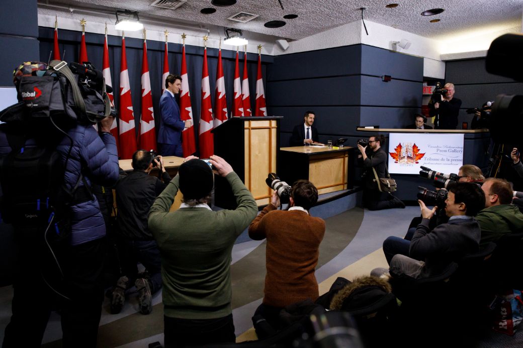 Prime Minister Trudeau speaks with journalists during a press ...